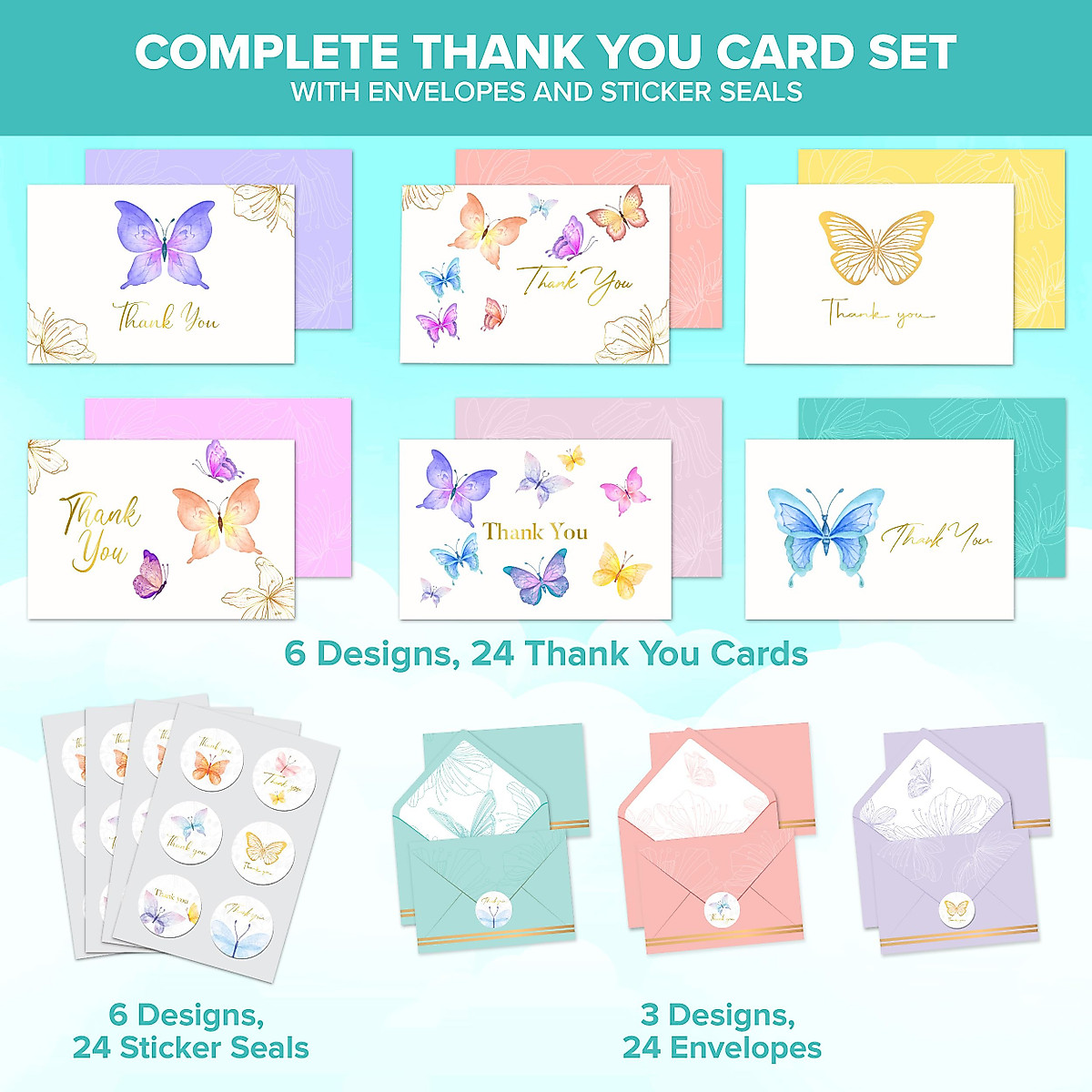 Decorably Thank You Cards with Envelopes & Stickers, Gold-Foiled Kid Cards - 24 Pack Butterfly Thank You Cards with Envelopes Butterfly, Blank Inside 6x4in Thank You Cards Butterfly Note Cards
