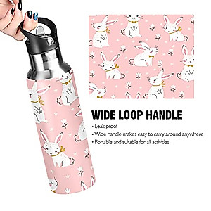 Cute Floral Bunny Kids Water Bottle Thermos with Straw Rabbit Animals School Vacuum Insulated Stainless Steel Thermos Bottle Cup Leakproof Sport Travel Cup Mug Handle for Girls Women Biking 20 OZ