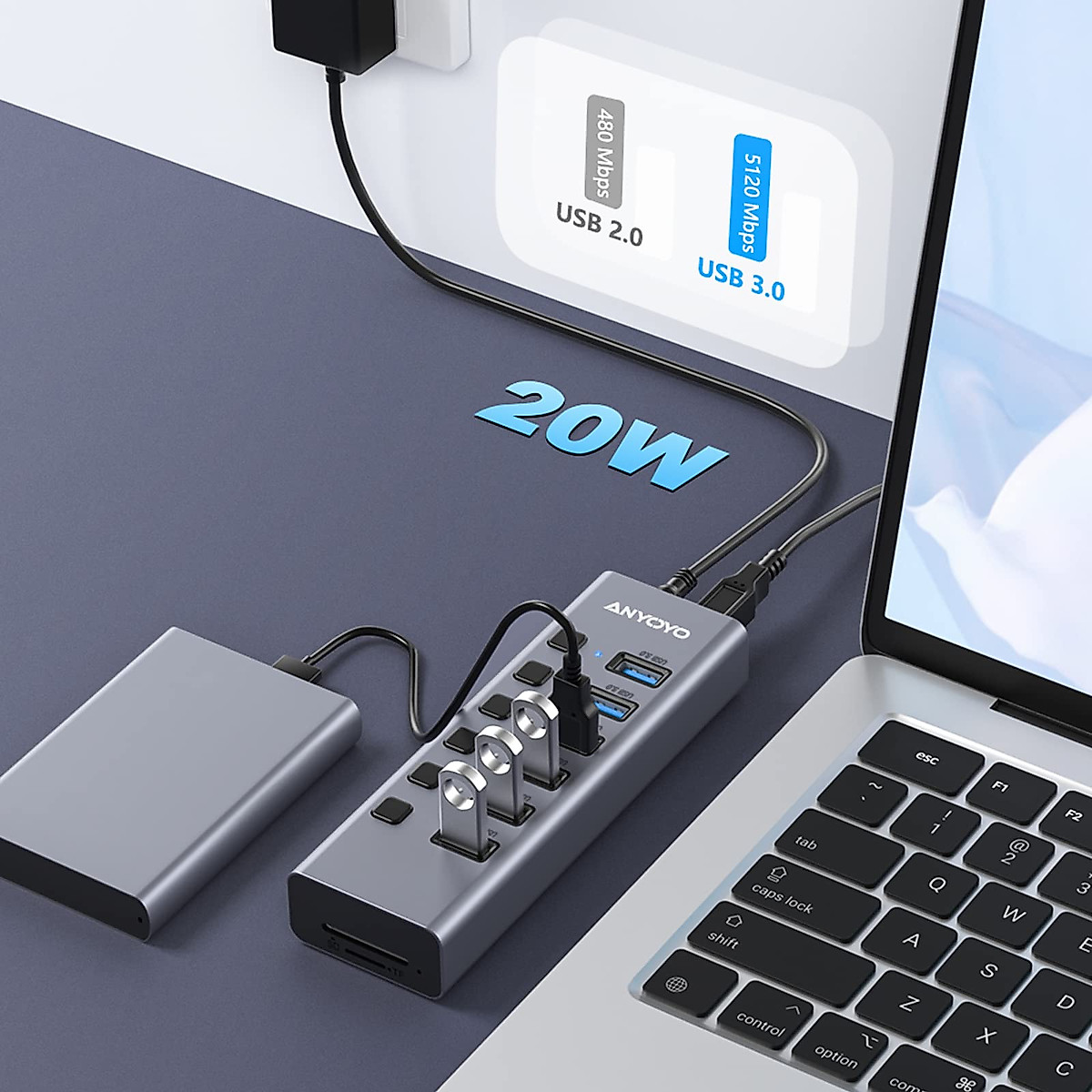 ANYOYO Powered USB 3.0 Hub 6 USB 3.0 Data Ports with SD/TF Card Readers with Individual On/Off Switches (8Ports)
