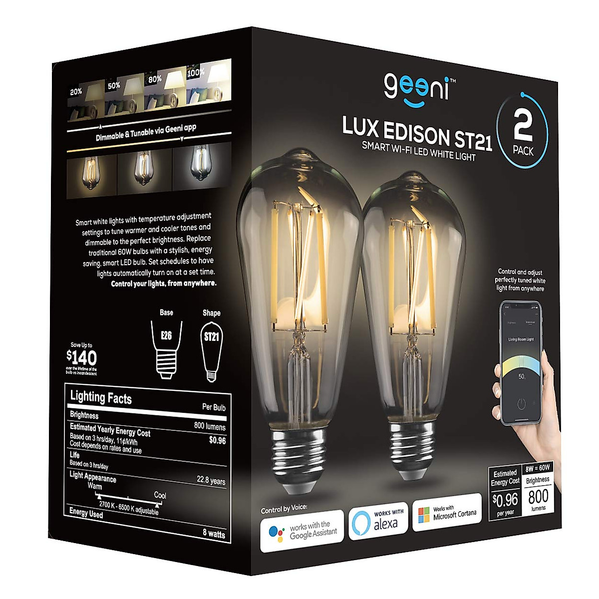 Geeni LUX Edison ST21 (ST64) Edison WiFi LED Smart Bulb, 2700K-6500K 8W, E26 Base, Dimmable, Tunable White Light, Works with Alexa & Google Home, 2 Pack