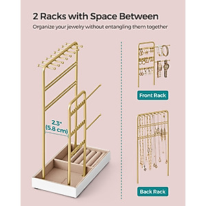 SONGMICS Jewelry Holder, Jewelry Organizer, Mother's Day Gifts, Jewelry Display Stand with Metal Frame and Velvet Tray, Necklace Earring Bracelet Holder, for Studs, Rings, Gold Color UJJS021A01