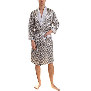 BridalAffair Men's Summer Luxurious Kimono Robe Soft Satin Bathrobe Long-Sleeve Nightgown Printed Pajamas Silver Gray, Large/X-Large