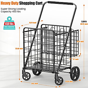 Extra Large Shopping Cart for Groceries, 450lbs Heavy Duty Grocery Cart on Wheels, Folding Dual Basket Utility Carts with Waterproof Liner, Shopping Carts for Transport, Laundry, Gift, Luggage, Black