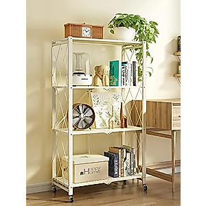 4 Tier Foldable Shelving Unit, Lanstics Folding Shelves Heavy Duty Storage Shelving with Wheels Metal Shelf Standing Shelves Units for Home Kitchen Living Room
