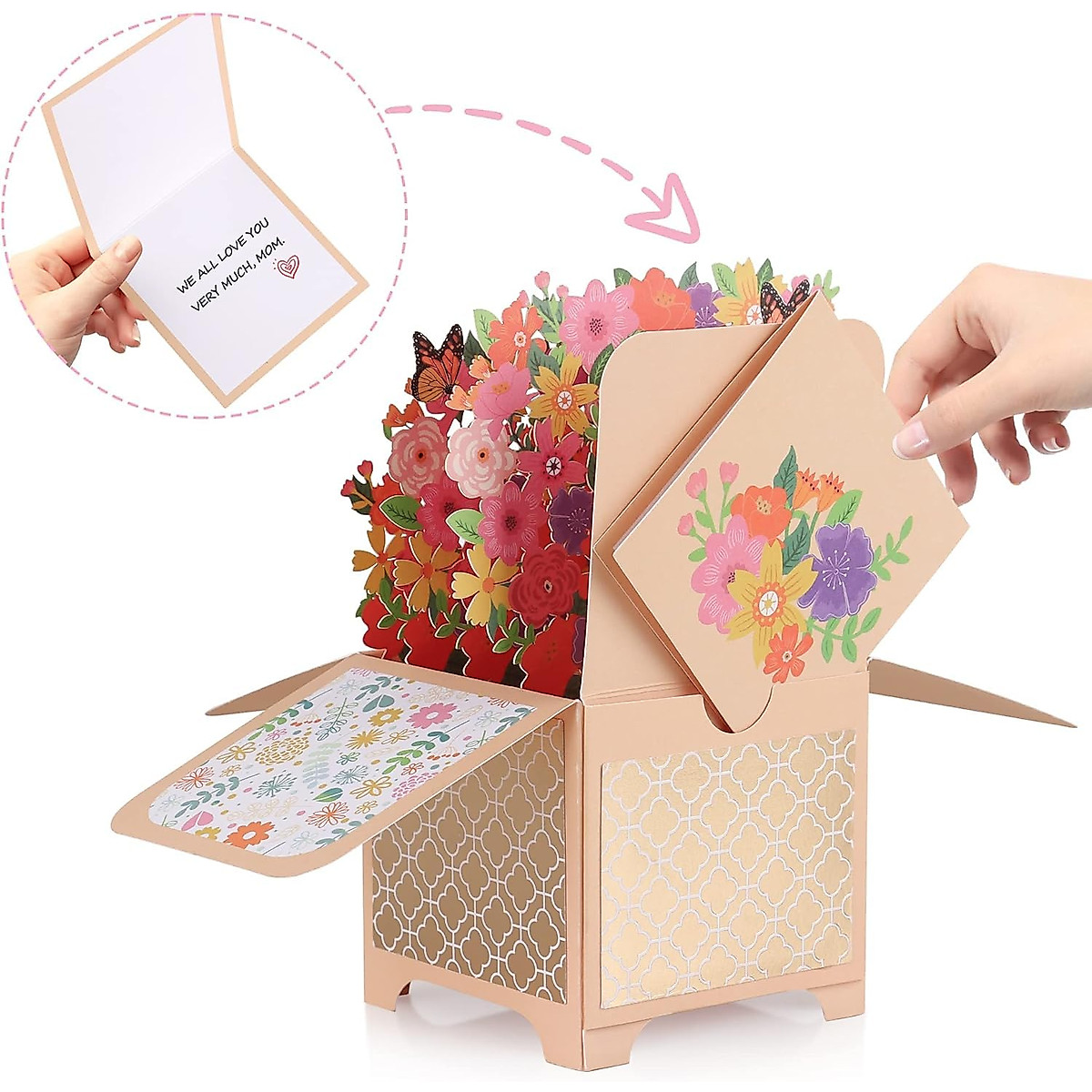 Giiffu Flower Pop Up Card, Colorful Flowers & Butterflies, Handmade 3D Greeting Cards For Her with Note Card and Envelope for All Occasion, Mothers Day, Thanksgiving, Thank You Card(7" x 6.7")