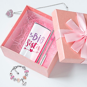CIXICM 3 Pcs Big Sister Gift 12 oz Pink Sister Cup Stainless Steel Mug Vacuum Insulated Tumbler with Leak Proof Lid and Straw Sister Bracelet Sister Announcement Jewelry for Little Girl