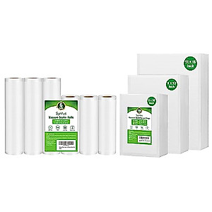 Syntus Vacuum Sealer Bags, 6 Pack + 150 Combo Size Commercial Grade Bags Rolls, Food Vac Bags for Storage, Meal Prep or Sous Vide