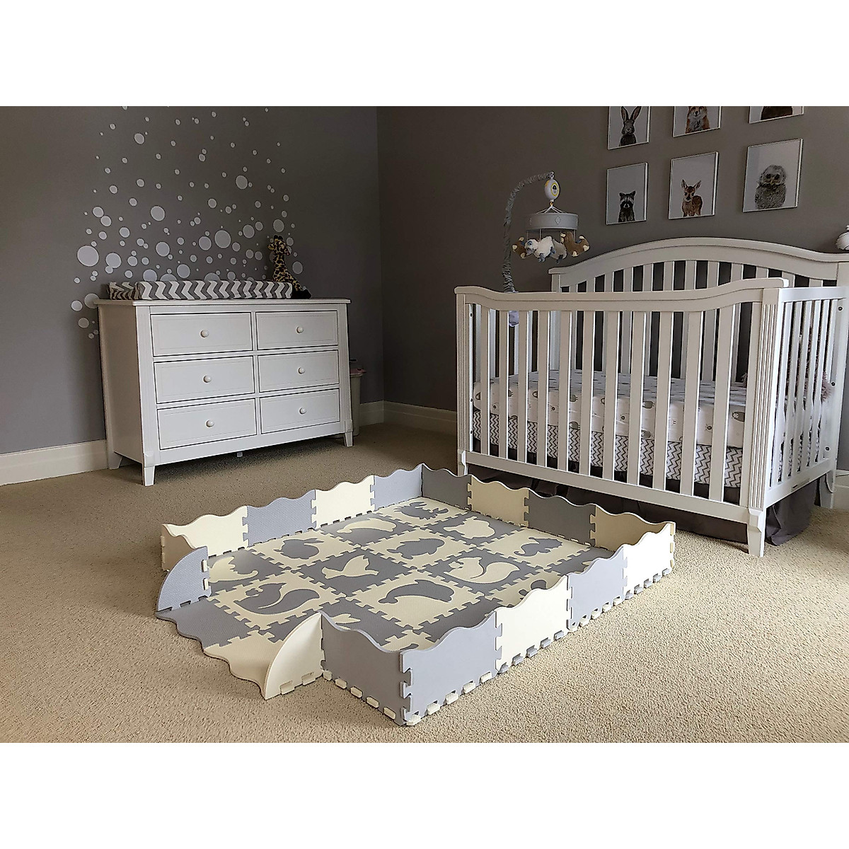 Baby Play Mat with Fence, Animals, and Foam Tiles. Tummy time mat, Playmat for Kids, Toddlers, Infants. Activity Center, Ball Pit Gym Floor playpen. 57"x 57", Over 74" Across!