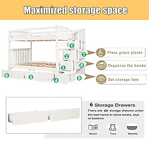 Full Over Full Bunk Bed with Shelves and 6 Storage Drawers, Solid Wooden Bunk Bed Frame with Storag Staircase, Safety Guardrail for Kids Teens Adults, No Box Spring Needed (White)