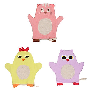 Uonlytech Natural Loofah Sponge 3pcs Skin- friendly Kids Bath Mitts Lovely Animal Shower Gloves Soft Terry Cloth Bath Puppet Baby Washcloths Shower Loofah Sponge for Kids Mens Body Scrubber
