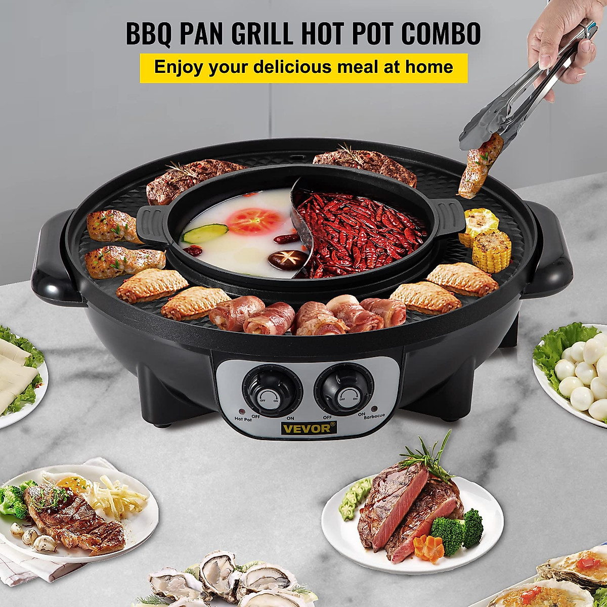 VEVOR 2200W 2 in 1 HotPot Multi-Function Smokeless Dual Temp Control, Hot-Pot Grill with Nonstick Coating for BBQ, Steaks, Shabu, 1200W, Black