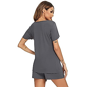 Roojaa Womens Pajama Set Pleated Loose Short Sleeve Pjs Soft Summer Casual Sleepwear Dark Grey