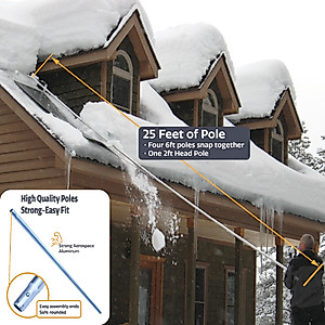 ROOF RAZOR Roof Rake | Heavy-duty-25ft of Pole | Fast-Easy | High Volume Roof Snow Removal | Safe on Roof Wheels | 10ft Rugged Slide | MinnSNOWta Snow Rake | Roof Shovel | US Customer Support-USA Made