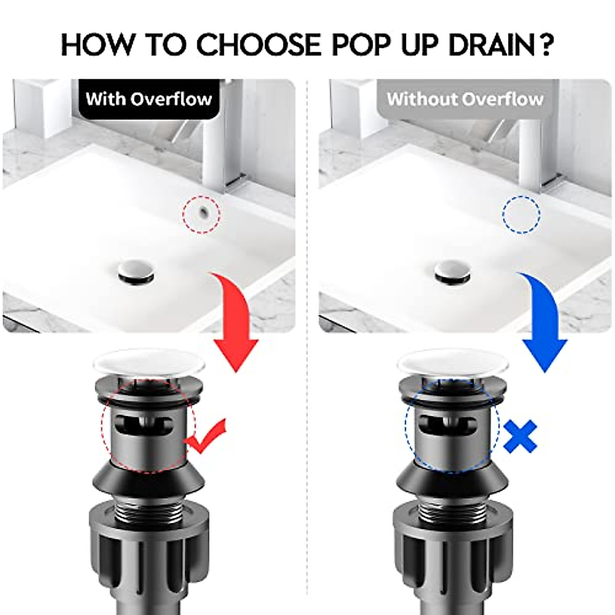 Bathroom Sink Drain with Overflow, PureHome Pop Up Sink Drain for Bathroom Vessel Sink- Polished Chrome