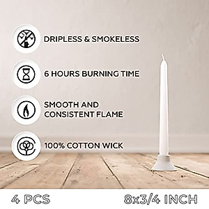 Sonedly 8 inch Taper Candle 4 Pack - Home Decor Dripless Candles Long Burning Smokeless and Unscented Candlesticks - Tapered Candles for Home - 6-Hour Burning White Candles