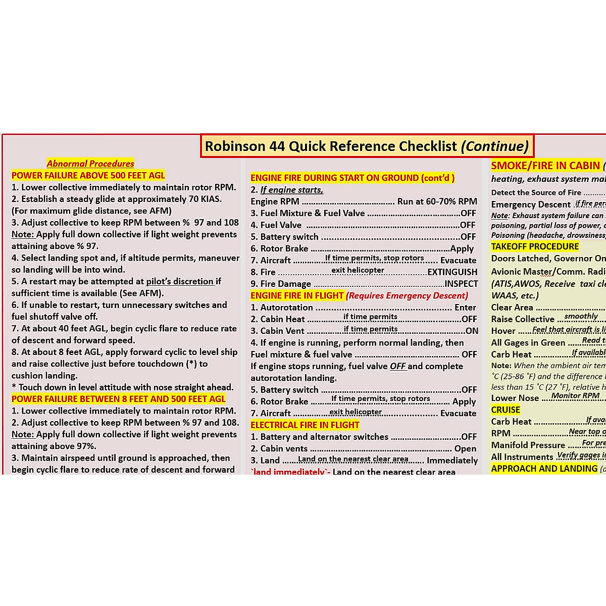 Robinson 44 Helicopter Quick Reference Checklist