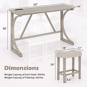 COSTWAY 4-Piece Farmhouse Bar Table Set with Power Outlet, Counter Height Dining Table Set w/ 3 Upholstered Stools, Wood Console Table Set Bistro Table Set for Kitchen, Dining Room, Living Room