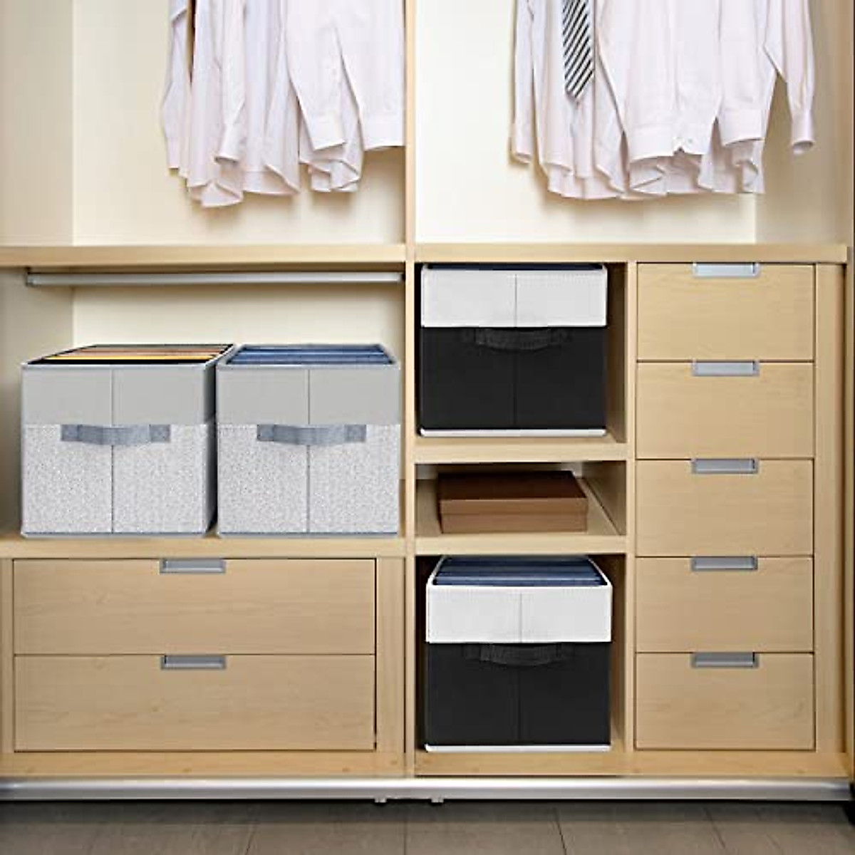 DIMJ Closet Storage Bins, Fabric Baskets for Shelves with Handles,Closet Shelf Organizer Bins for Organization, Storage Box Cubes for Closet, Wardrobe, Shelf, 3 Pack, Black and White