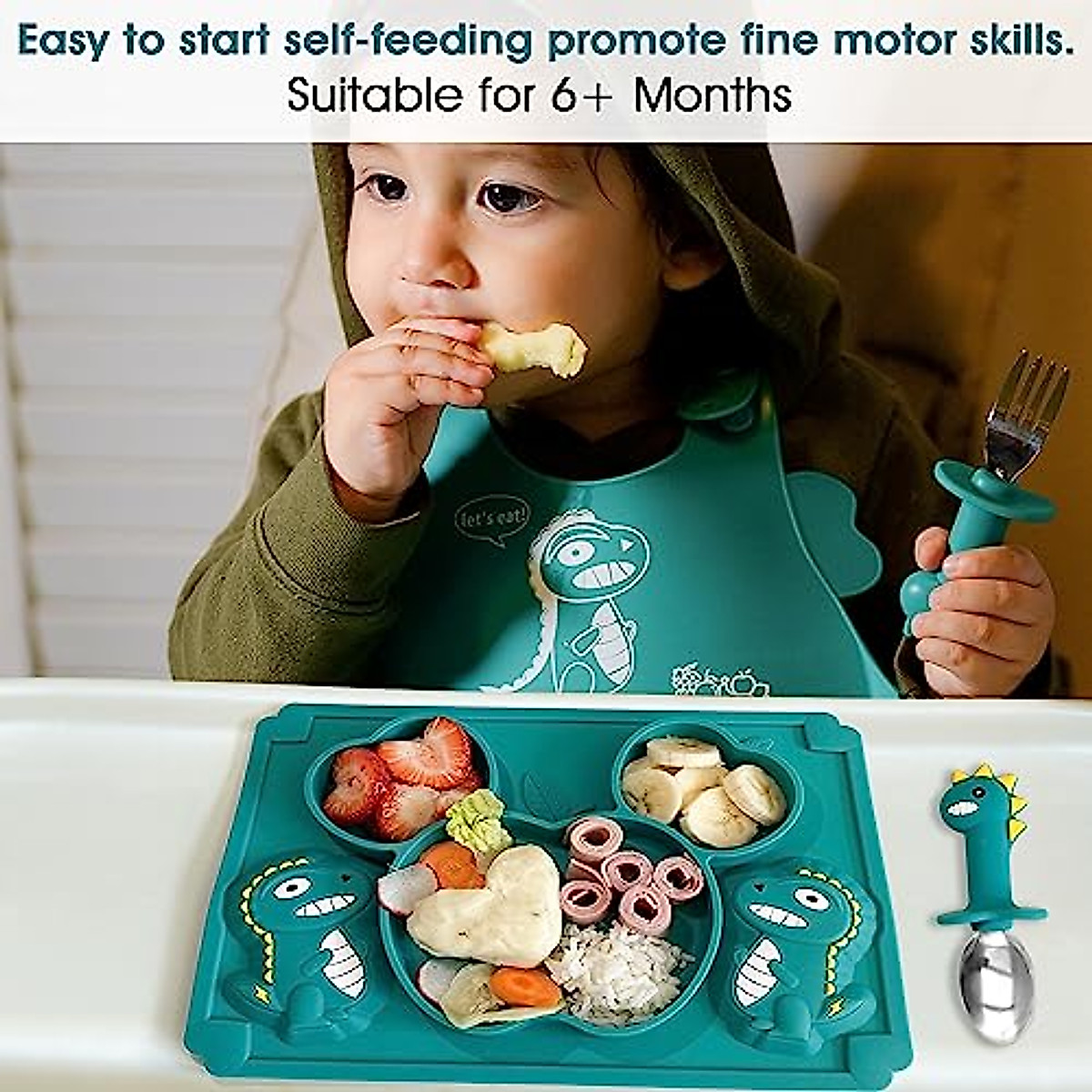 Dinosaur Silicone Baby Feeding Set |Toddler Utensils, baby spoon and fork, waterproof bibs, bowl & suction plates for Self-Feeding. Baby Led Weaning, Toddler feeding supplies. (Dino Green)
