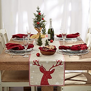 DII Holiday Dining Table Decoration Embroidered Christmas Table Runner, 14x70, Red Reindeer & Snowflakes