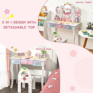 OLAKIDS Kids Vanity, 2 in 1 White Strawberry Wooden Dressing Table and Chair Set for Toddlers with Tri-Folding Mirror, Stool, Storage Drawers, Pretend Beauty Make Up Princess Play Set for Little Girls