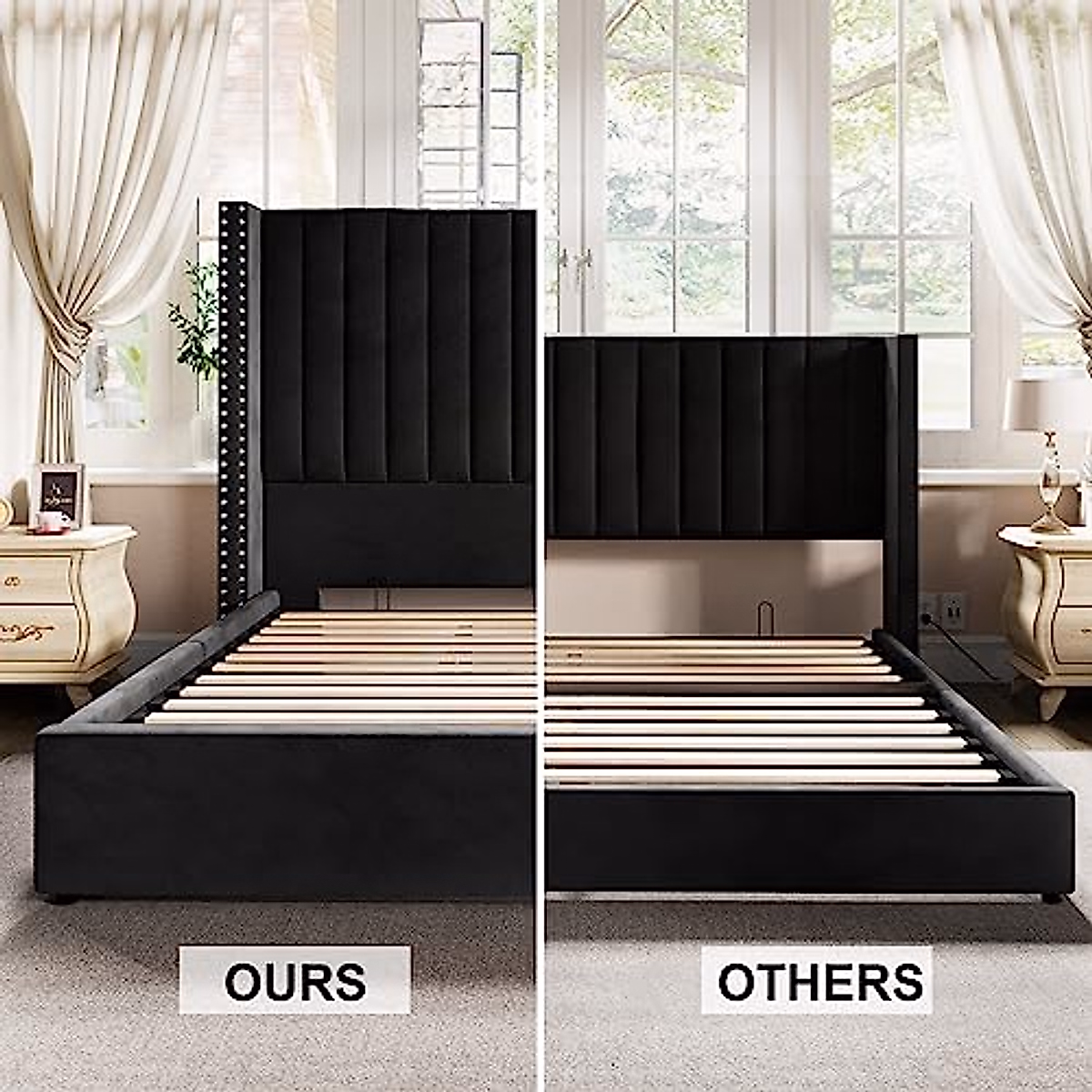 Jocisland Queen Bed Frame Lift Up Storage Bed, Velvet Queen Upholstered Bed Frame Channel Tufted Wingback Headborad/No Box Spring Needed/Black