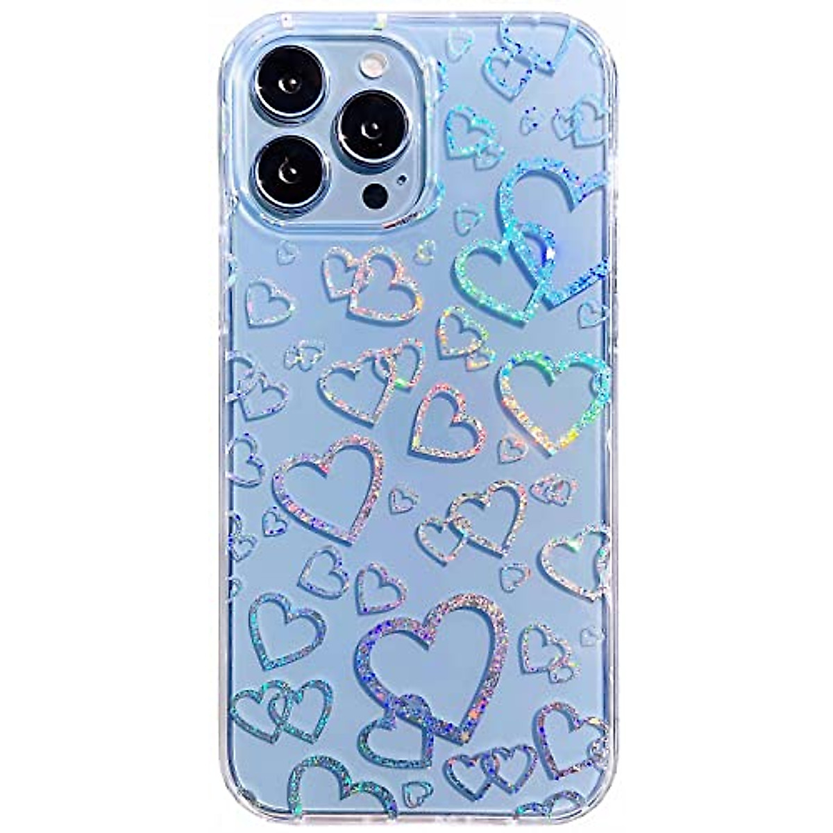 LSEEKA Compatible with iPhone 13 Pro Max Clear Case with Love Heart Laser Glitter Holographic Design,Sparkly Bling Cute Hard PC & Soft TPU Bumper Shockproof Protective Phone Cover for Women Girls