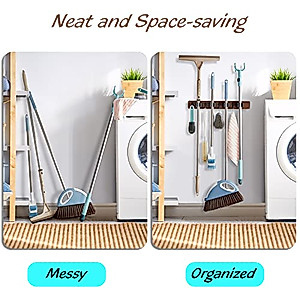 OUTNILI Mop Broom Holder Wall Mount Wood Broom Mop Hanger - Wall Mounted Garden Tool Rack Organizer for Closet Garage Laundry Room Kitchen Decor With 4 Slots & 4 Hooks