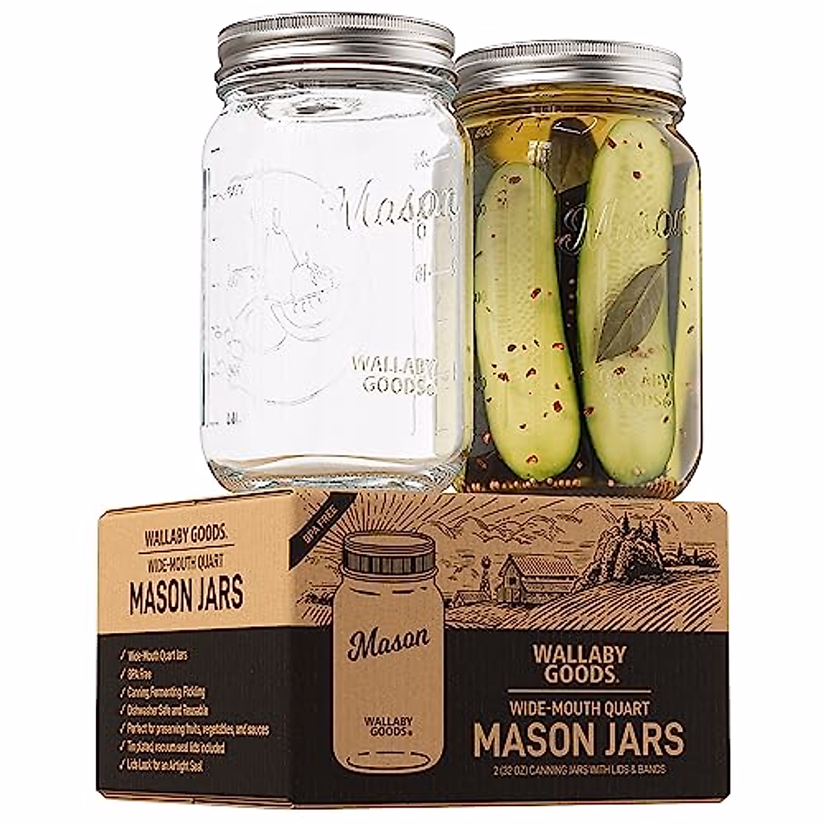 Wallaby 32oz Wide Mouth Clear Mason Jars with Lid & Seal Bands - Airtight Glass Container for Canning, Pickling, Food Storage, Candles, Home Decor, Overnight Oats, Fruit, Jam, Jelly, or DIY (2-Pack)