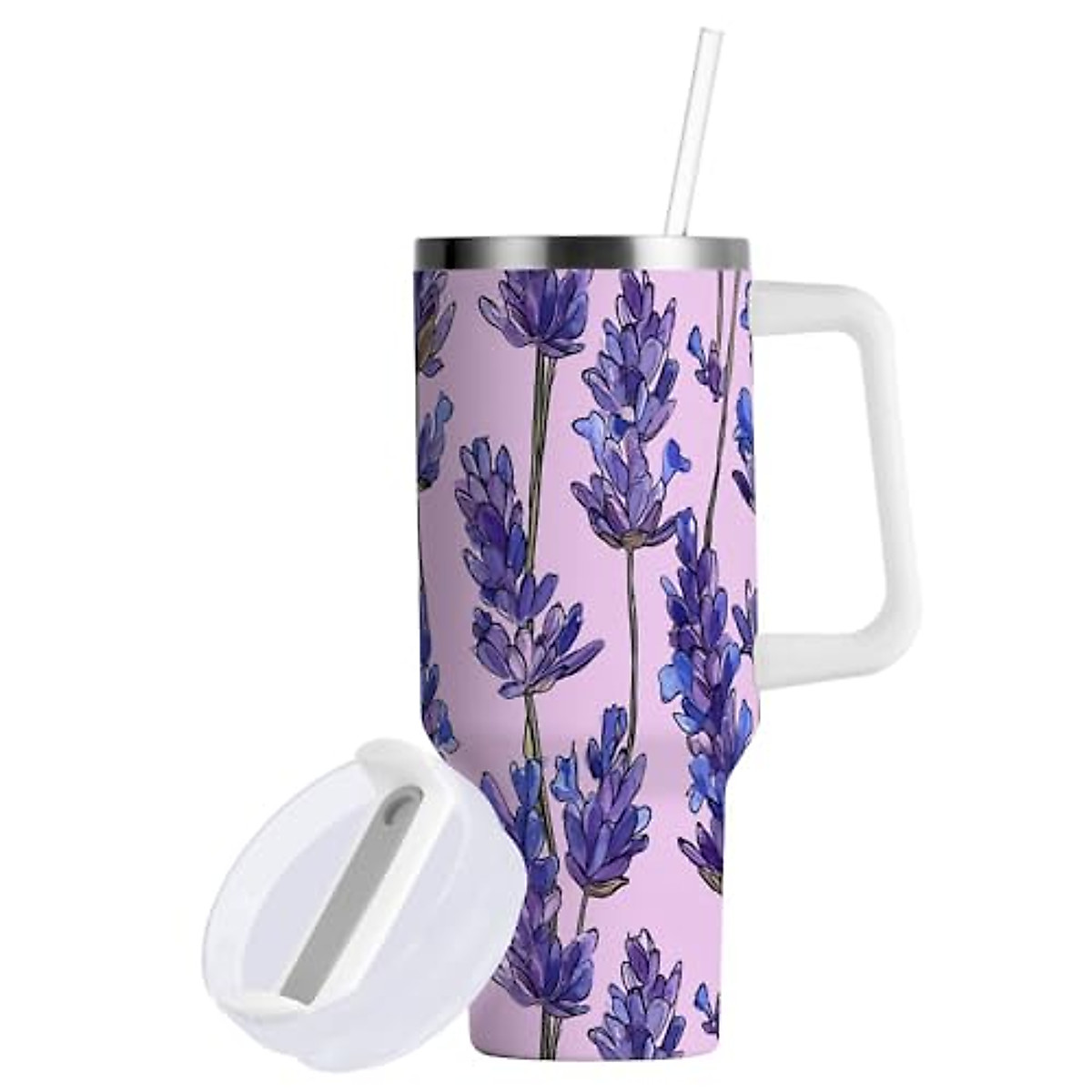 linqin Purple Lavenders Vacuum Insulated Tumbler with Lid and Straw 30 oz Large Water Bottle Reusable Mug with Handle for Water, Iced Tea or Coffee