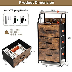 Giantex 3 Drawers Dresser, Storage Tower w/ 3 Foldable Fabric Drawers & Open Shelves, Wooden Top & Metal Frame, Anti-Tipping Design, Tall Storage Chest of Drawers for Bedroom, Hallway, Closet (2)