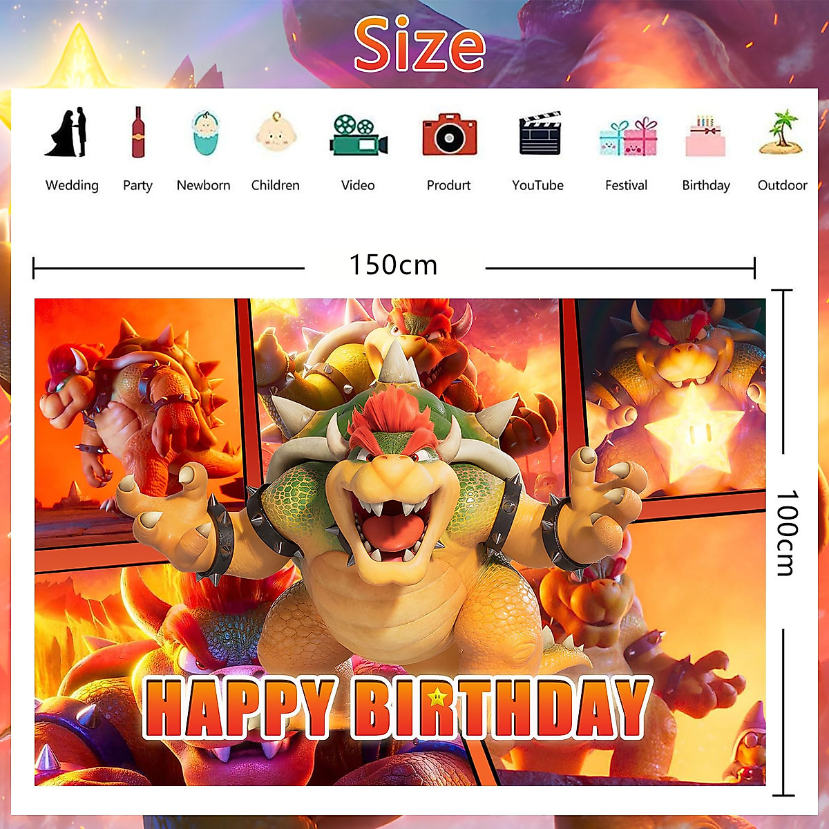 kozrlib Ma-rio Bowser Birthday Party Supplies Cartoon Bowser Theme Party Decorations Including Cake Topper Banner Cupcake Toppers Balloons and Background