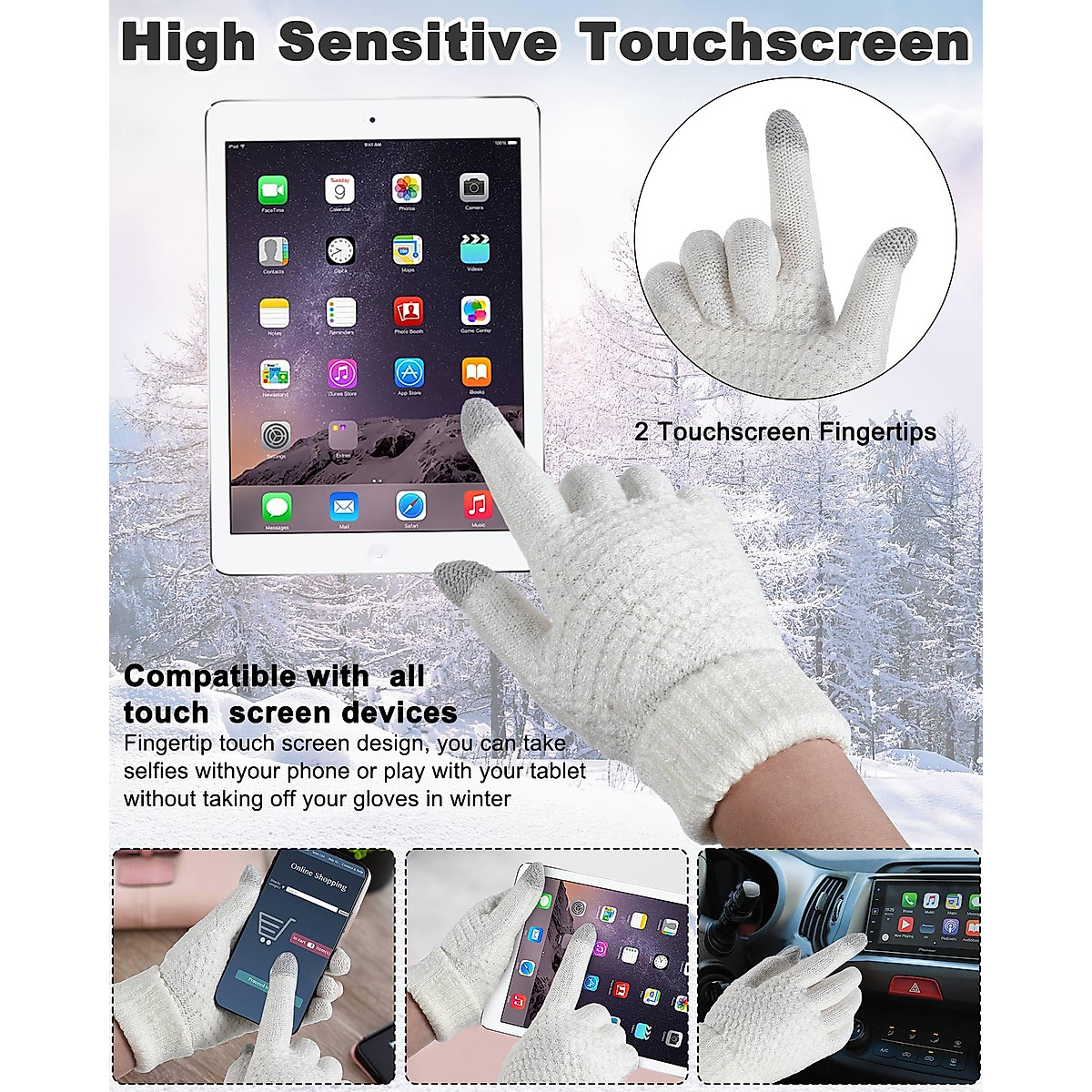 Suhine 8 Pcs Winter Beanie Hat and Gloves Set for Women Pompom Beanie Hat Fleece Lined Hats with Women Touchscreen Gloves, 4 Colors