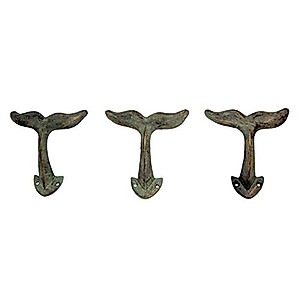 Rustic Green Patina Cast Iron Whale Tail Wall Hooks, 4 1/2 Inches, Set of 3