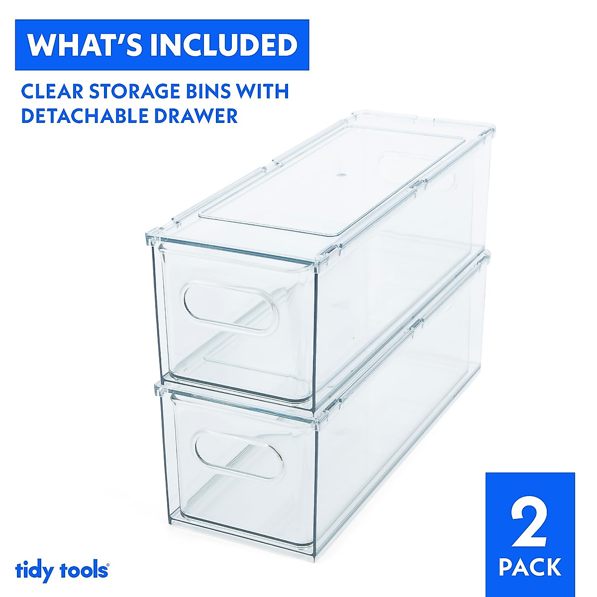 Tidy Tools Clear Refrigerator Organizer Bins For Pantry Organization and Food Storage, Stackable Plastic Storage Bins With Pull-Out Drawer – Kitchen and Pantry Storage Containers, 2 Pack