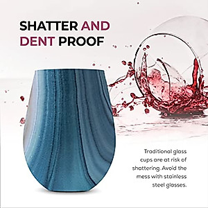 Stainless Steel Unbreakable Wine Glasses - 18 Ounce Set of 4 Wine glasses. Premium Grade 18/8 Stainless Steel Red & White Stemless Wine Glasses set, (Exquisite Blue Marble)