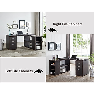 Naomi Home Ariel L Shaped Executive Desk with Drawers, Wood Home Office Corner Desk, File Drawer, Storage Cabinet, 60 inch Computer Writing Desk- Espresso