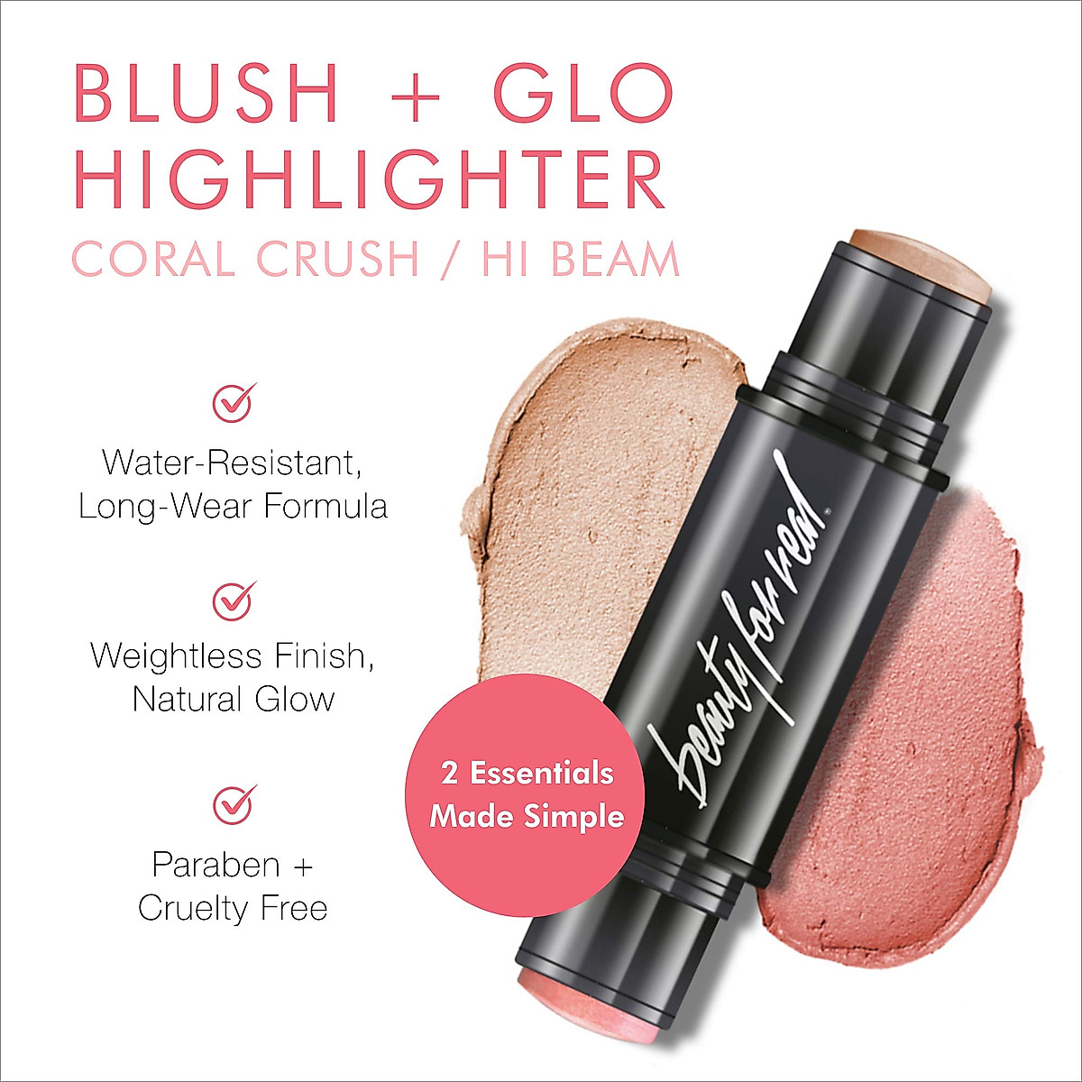Beauty For Real Blush + Glo, In the Pink + Get Lit - Blush + Highlighter Stick - Cream-to-Powder Mineral Formula - Provides All Day Wear - Organic, Vegan - 0.32 oz