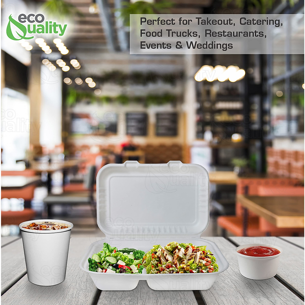 Compostable 2-Compartment Rectangular Hinged Clamshell Take Out Food Containers 9x6x3,Heavy Duty Quality Disposable to go Containers, Restaurants, Food Trucks (25)