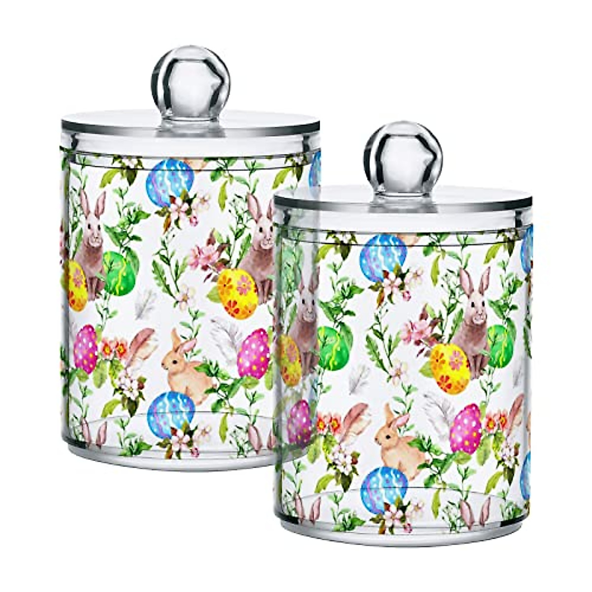 senya Clear Plastic Jars Cotton Swabs Cans, Easter Bunny Eggs in Grass Flowers Bathroom Canisters Storage Organizer with Lids 2PCs Set for Cotton Ball, Cotton Swab, flossers, Hair Bands