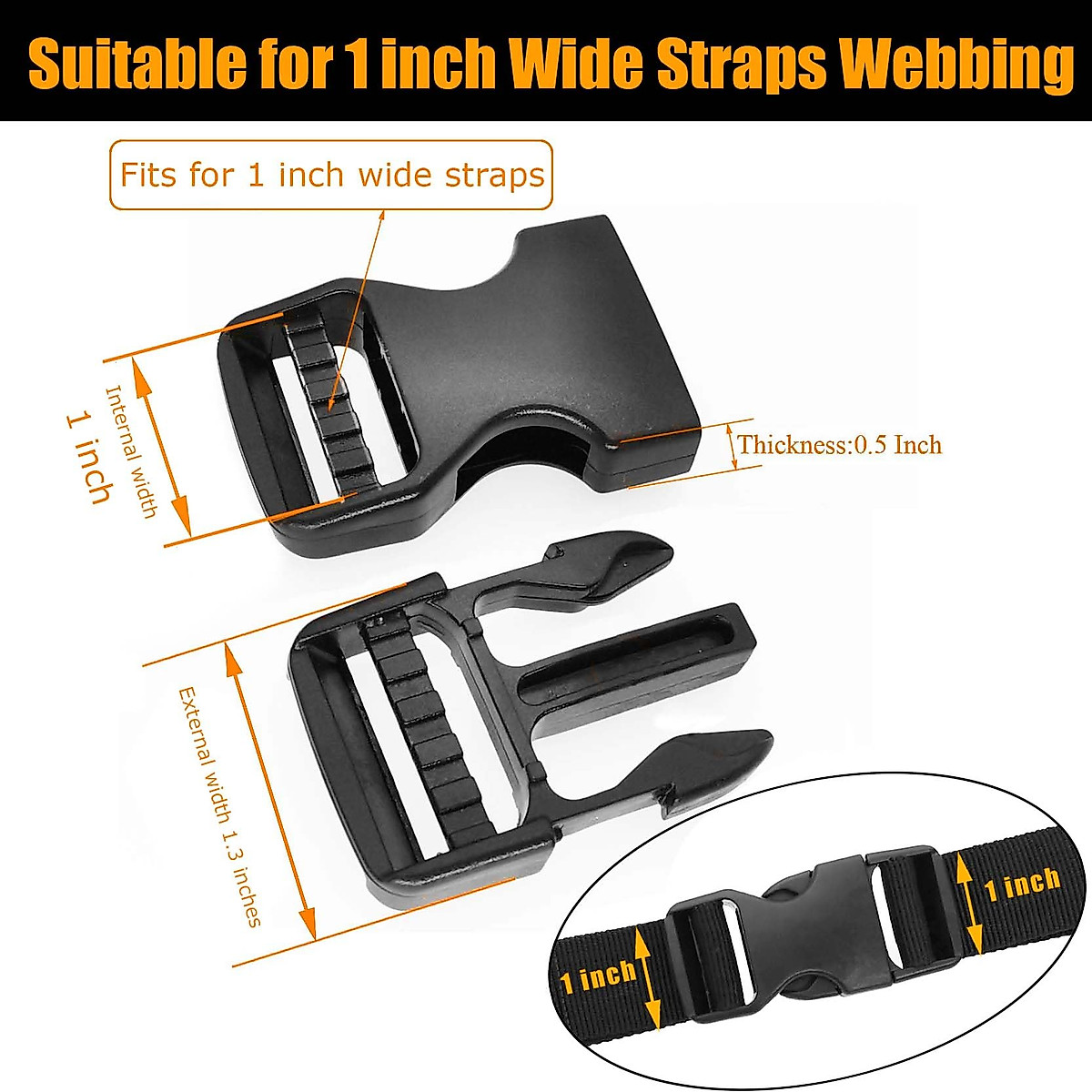 Quick Side Release Buckle for 1 inch/25mm Webbing Straps, Replacement Buckle 1" Wide Inside, Heavy Duty Plastic Buckles Dual Adjustable No Sewing Clips for Boat Cover Luggage Strap Pet Collar Backpack