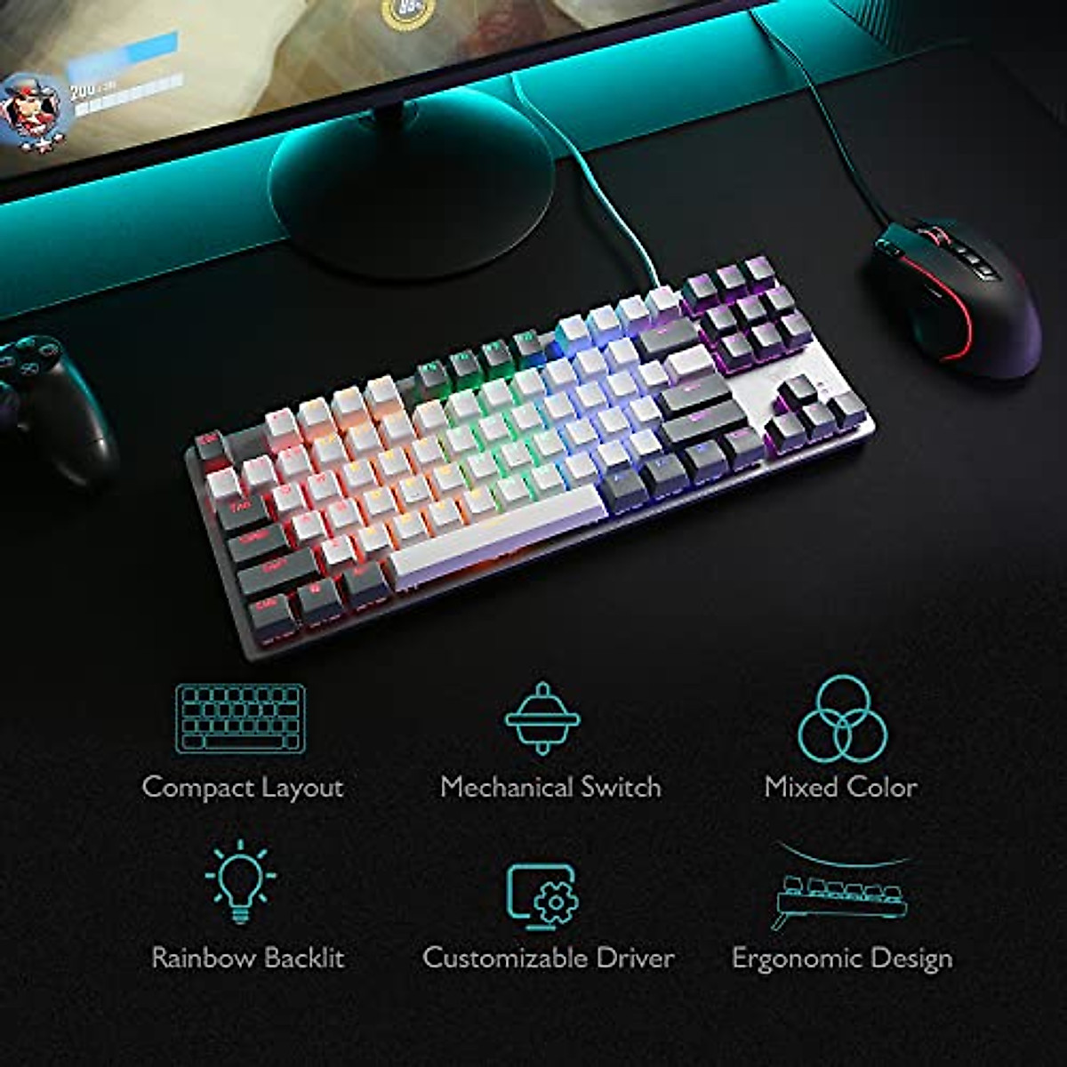 AULA F3287 Wired TKL Rainbow Mechanical Gaming Keyboard, 80% Compact Tenkeyless 87 Keys Layout w/Tactile Red Switches, White & Grey Mixed-Color Keycaps, Programmable Macro Keys