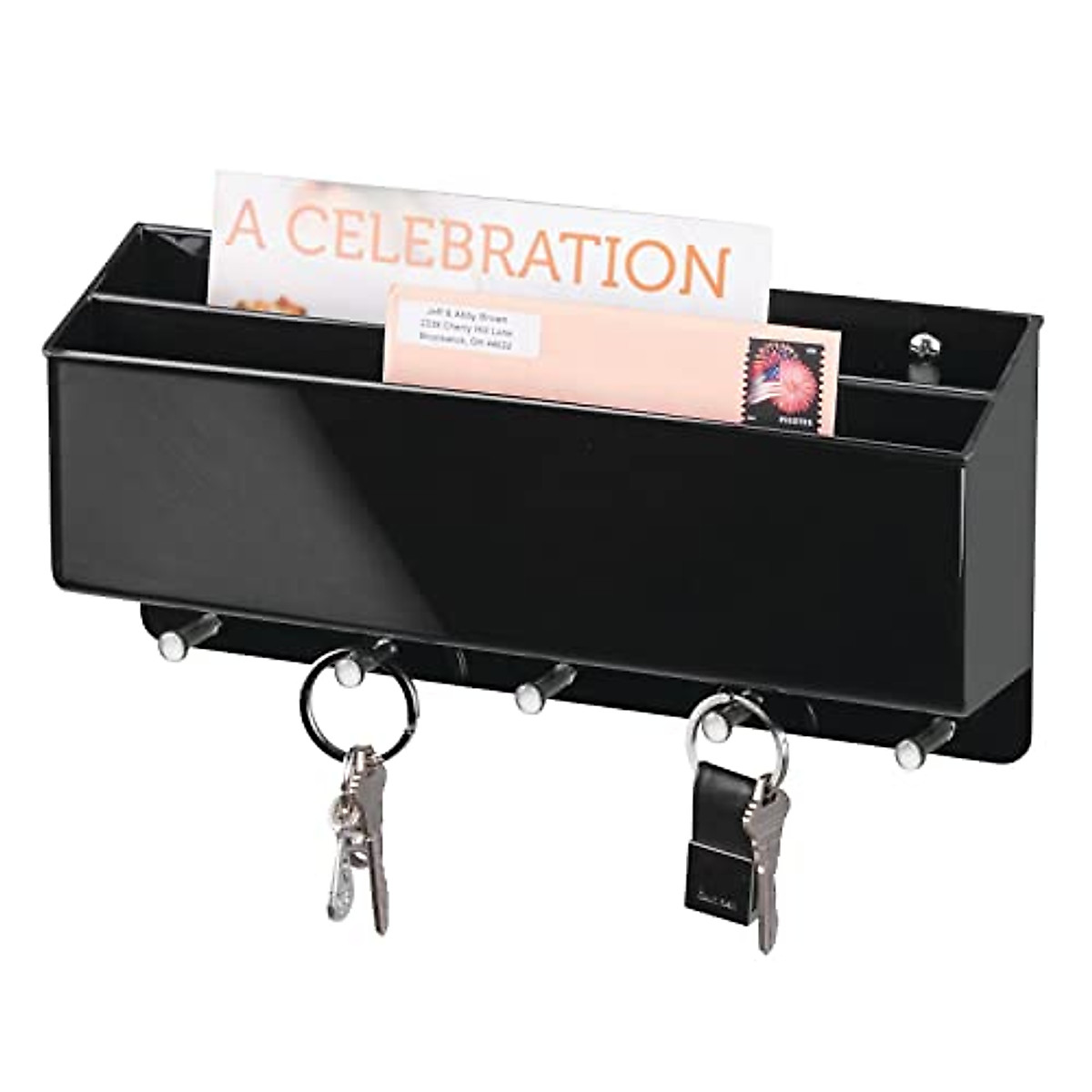 mDesign Wall Mount Plastic Divided Mail Organizer Storage Basket - 2 Sections, 5 Metal Peg Hooks - for Entryway, Mudroom, Hallway, Kitchen, Office - Holds Letters, Magazines, Coats, Keys - Black