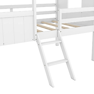 Aiuyesuo Playhouse Design Twin Size Low Loft Bed, Wood House Bed Frame with Two Side Windows,Roof and Full-Length Guardrail for Kids Teens Bedroom, Easy Assembly (White+Gray)