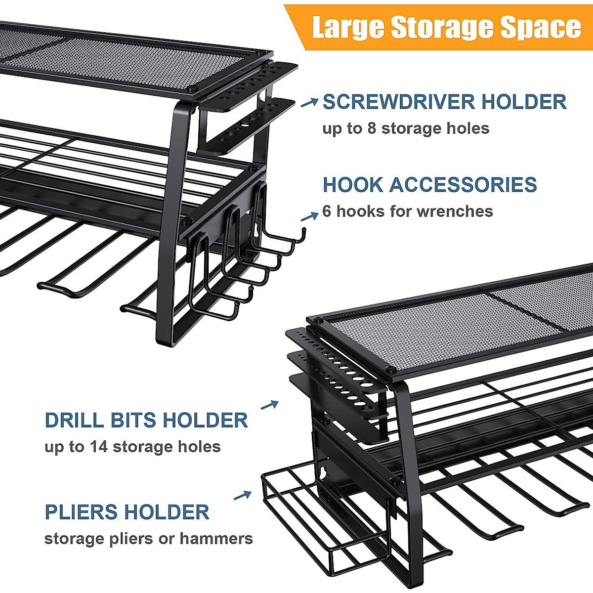 Kayfia Power Tool Organizer Wall Mounted 3 Layer Heavy Duty 160 Lbs Limit Tool Organizers and Storage Separate Drill Holder Utility Racks with Screwdriver/Plier/Hammer/Bit Holder for Garage Workshop