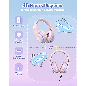 Kids Bluetooth Headphones, Colorful Wireless Over Ear Headset with LED Lights, Built-in Mic, 45H Playtime, 85dB/94dB Volume Limited Headphones for Boys Girls iPad Tablet School Airplane Pink Purple