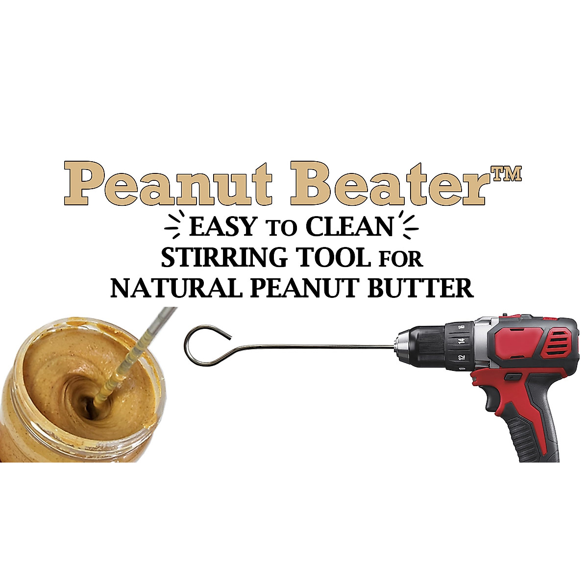 Peanut Beater™: Stirring tool for natural peanut butter, fast mixing stirrer utensil, easy to clean mixer, handheld power drill attachment