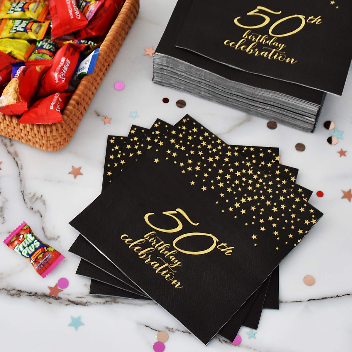 Gatherfun 50th Birthday Napkin Disposable Paper Napkins Black and Gold Party Decorations Tableware for Men Woman 50 Birthday Party（6.5X6.5in, 3-Ply, 50-Pack)