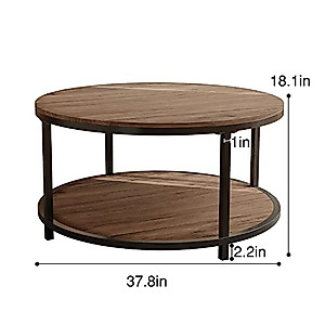 NSdirect 36” Round Coffee Table, Rustic Wooden Surface Top & Sturdy Metal Legs Industrial Sofa Table for Living Room Modern Design Home Furniture with Storage Open Shelf (Dark Walunt)