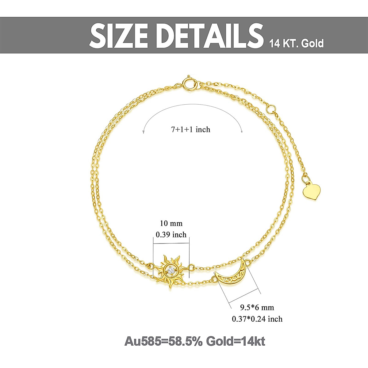 14K Gold Sun and Moon Bracelets for Women Real Yellow Gold Crescent Moon Layered Link Bracelets Christmas/Birthday Gift for Wife Mom Friend Her 7''+1''+1'' inch (Sun Moon)